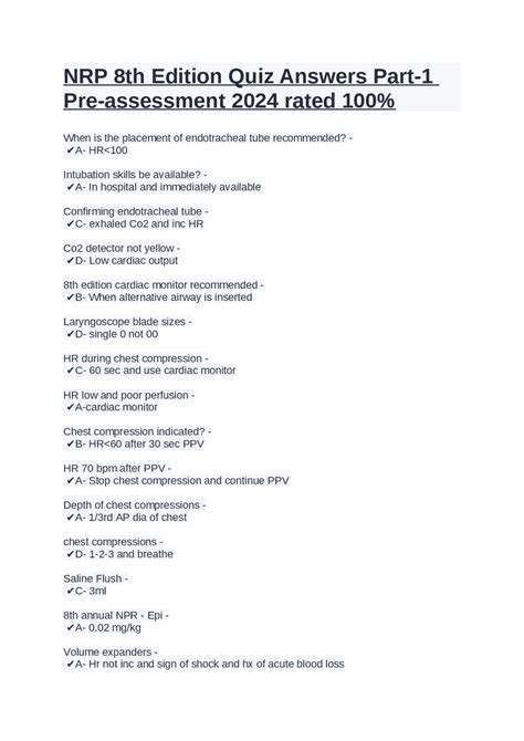 NRP Th Edition Quiz Answers Part Pre Assessment For Resuscitation Exams Nursing Docsity