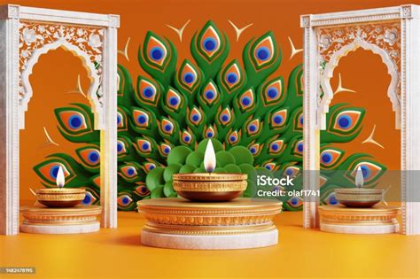 디왈리 축제 디왈리 디파발리 또는 디파발리를 위한 3d 렌더링은 연단에 금 디야가 있고 컬러 배경에 무늬가 있고 크리스탈이 있는 빛의 축제 인도입니다 3차원 형태에 대한