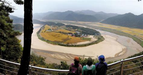 강 따라 걷기 붓으로 그린 강줄기와 물방울 마을 그림 속을 걷다