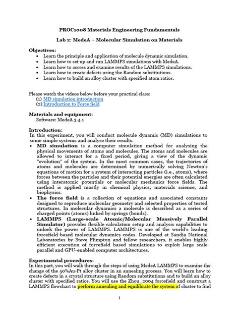 Proc1008 Ime Lab 2 Medea Molecular Simulation Of Materials Pdf Molecules Force Field