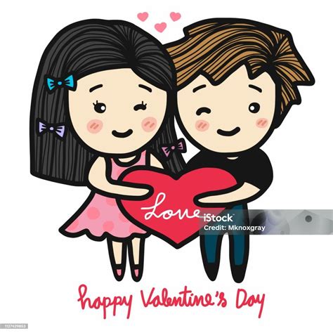 마음이 행복 한 발렌타인의 날 만화 그림을 들고 사랑에 귀여운 커플 가족에 대한 스톡 벡터 아트 및 기타 이미지 가족 결혼식 공휴일 Istock