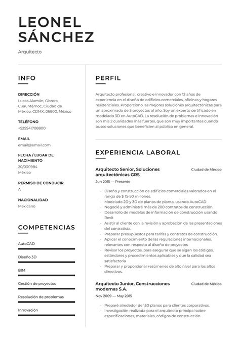 Ejemplo de CV para arquitecto Ejemplos de cv Diseños de curriculum