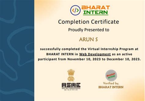 arun s b tech on linkedin bharatintern internship webdeveloper