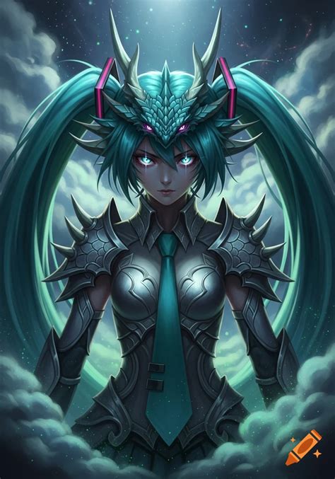 Hatsune Miku In Teal Dragon Armor With Glowing Eyes Standing In A