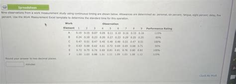 Solved Percent Use The Work Measurement Excel Template To