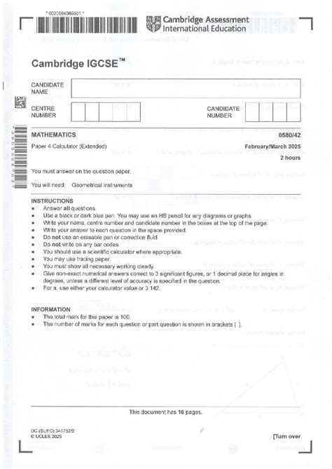 Cambridge 0580 Mathematics Yearly Sessions 2025 Practice Paper Studocu