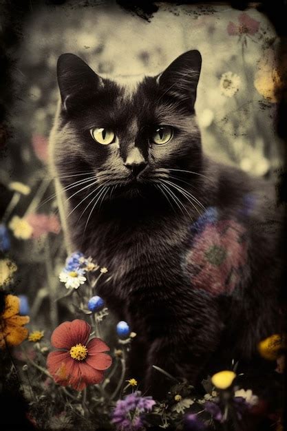 Un gato negro está sentado en un campo de flores y la palabra gato