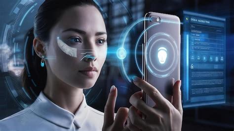 Premium Photo Female Scans Face Using Facial Recognition System On