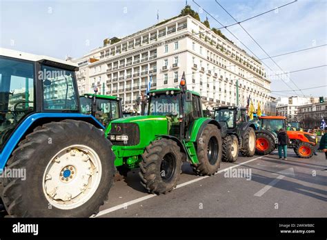 Tractors Of Greek Farmers Block The Street In Front Of The Greek
