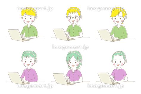 ヘッドセットを付けてノートパソコンを操作している若い男性のイラスト素材 133856793 イメージマート