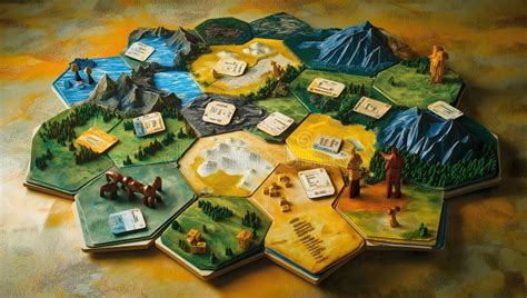 Board Game With Hexagonal Tiles Showcasing Mountains Forests Deserts