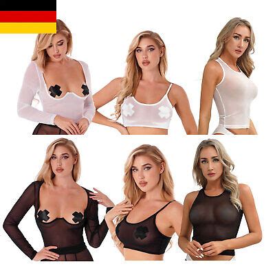 DE Sexy Damen Sheer Mesh Kurz Oberteil Durchsichtig Crop Top Shirt