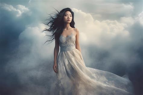 Premium Ai Image Asian Girl In A White Dress Among The Clouds Neural