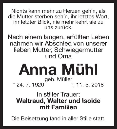 Traueranzeigen Von Anna Mühl Trauer Nn De
