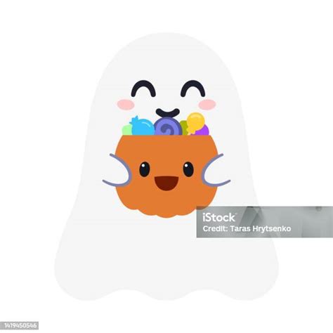 과자와 사탕으로 가득 찬 호박 바구니를 들고있는 행복한 유령 카와이에 대한 스톡 벡터 아트 및 기타 이미지 카와이 호박