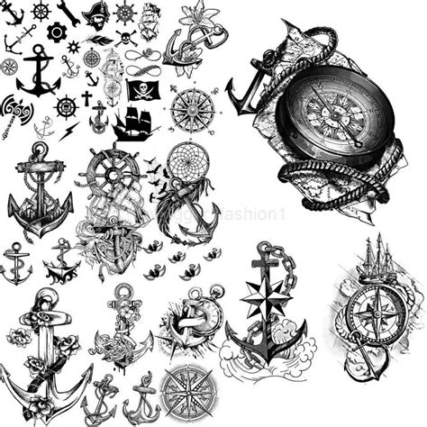 Black Compass Anchor Temporary Tattoos Realistic Pirate Ship Endless Flower Fake Tattoo
