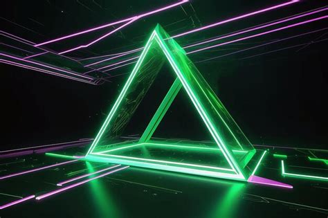 3dレンダリング 抽象的な緑色のネオン背景と三角形のレーザー線と輝く線 プレミアム写真