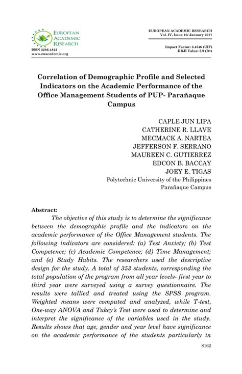 PDF Correlation Of Demographic Profile And Selected Indicators On The