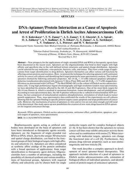 PDF DNA Aptamer Protein Interaction As A Reason Of Apoptosis And Proliferation Stop In Ehrlich