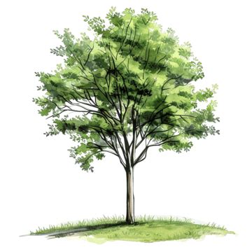Tall Tree With Lush Foliage On The Grass Isolated Color Sketch Tree Foliage Sketch PNG