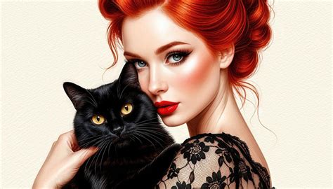 Девушка с рыжими волосами и ярким макияжем держит черного кота на светлом фоне · бесплатная