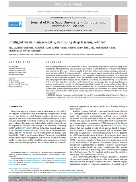 PDF Intelligent Waste Management System Using Deep Learning With IoT