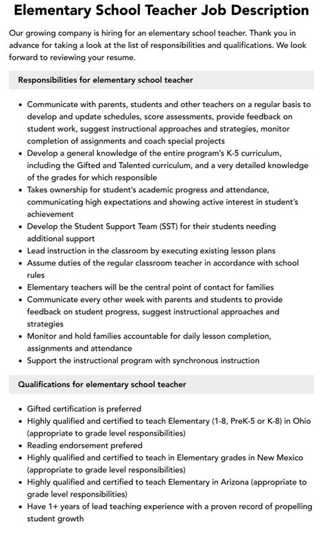 Elementary School Teacher Job Description Velvet Jobs