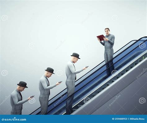 Man On Escalator Using Phones And One Reading Growth Mindset And