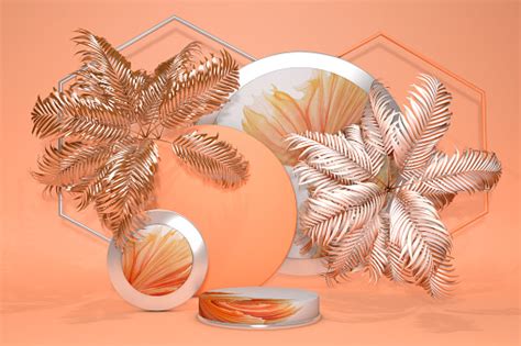 3d 받침대 추상적인 야자수는 국소 의 육즙을 남깁니다 3d 렌더링 그림입니다 브랜드 프로모션 제품을 위한 포디움 단계 강단에