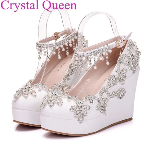 Fashion Rhinestone Wedges Pumps Heels Wedding Shoes For Women White