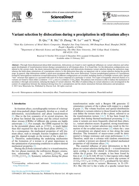 Pdf Variant Selection By Dislocations During α Precipitation In αβ Titanium Alloys