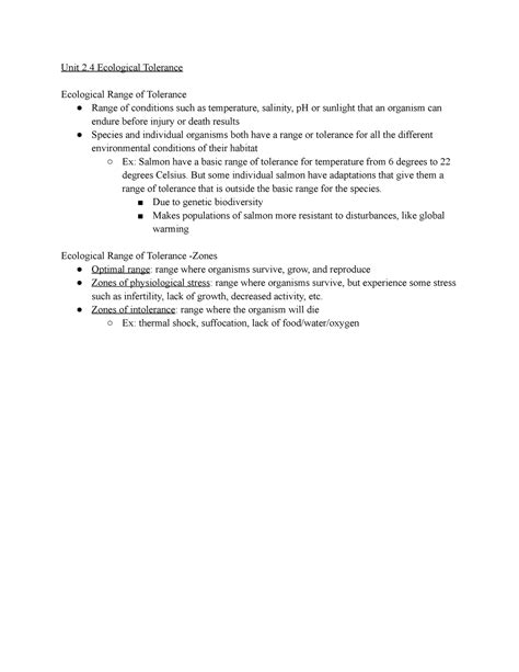 Copy Of Unit 24 Ecological Tolerance Unit 2 Ecological Tolerance