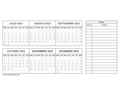 Calendario Julio Agosto Septiembre Octubre Noviembre Diciembre 2023