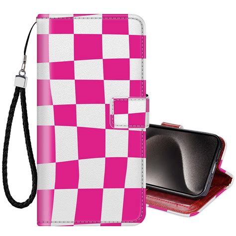 Clearsha Iphone Pro Max Wallet Case For Women Hot Pink Checkerboard Pattern Magnetic Closure
