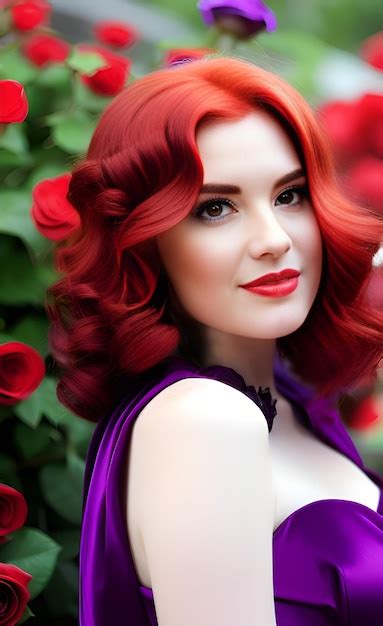 Premium Ai Image A Girl With Red Hair In Front Of A Bush Of Roses