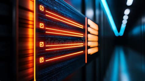 futuristic server panel with glowing indicators in a dark corridor stock illustration