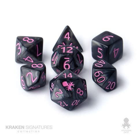 Kraken Signatures 7pc Black With Pink Ink Polyhedral Rpg Dice Set
