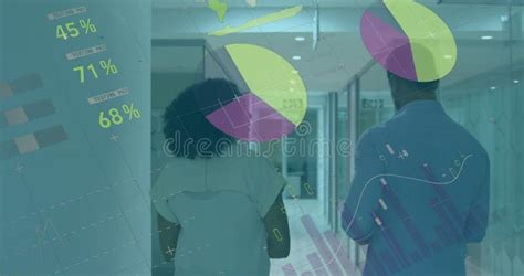 Animation Of Statistical Data Processing Against Diverseman And Woman Discussing In Office