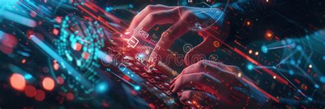 A Hacker Focuses Intently While Typing On A Keyboard Illuminated By Vibrant Digital Symbols And