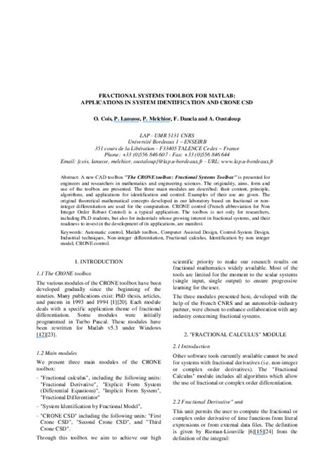 Pdf Fractional Systems Toolbox For Matlab Applications In System
