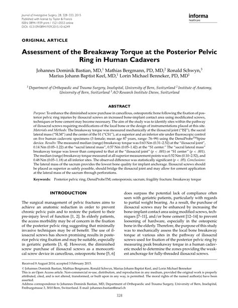 Pdf Assessment Of The Breakaway Torque At The Posterior Pelvic Ring
