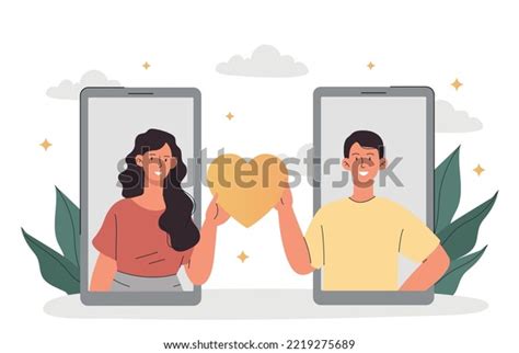 Online Romantic Date Man Woman Holding Stock Vector Royalty Free