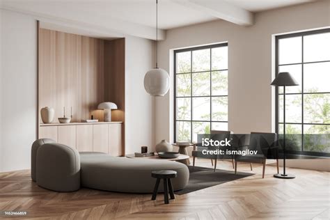 소파와 서랍이 있는 흰색 냉장실 인테리어 파노라마 창문 0명에 대한 스톡 사진 및 기타 이미지 0명 3차원 형태 가구 Istock