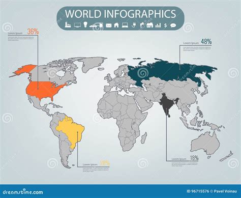 World Map Infographic Template All Countries Are Selectable Stock