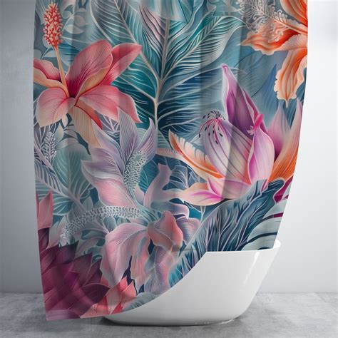 Pastel Jungle Shower Curtain Tropical Pink Flowers Shower Curtain