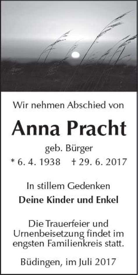 Traueranzeigen Von Anna Pracht Vrm Trauer De