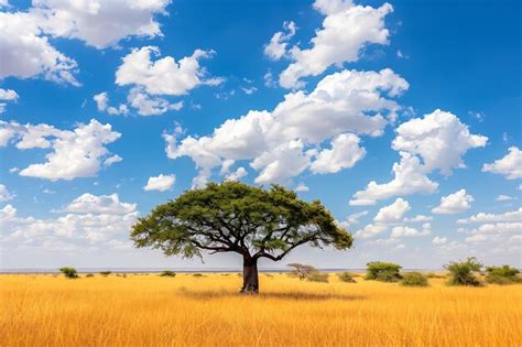 A Tree In A Field With A Sky Background Premium AI Generated Image