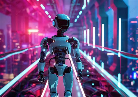 A Futuristic Robot Stands In Neon Lit Corridor Showcasing Advanced Technology A Futuristic Robot ...