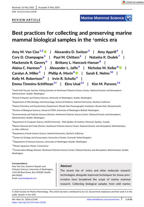 Pdf Best Practices For Collecting And Preserving Marine Mammal Biological Samples In The