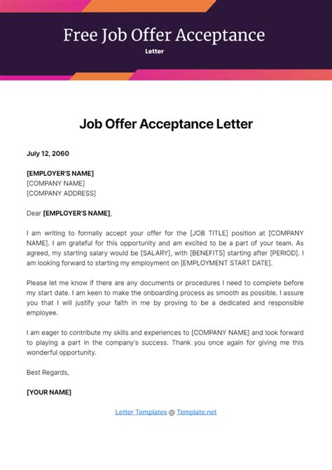 Free Job Offer Acceptance Letter Template To Edit Online
